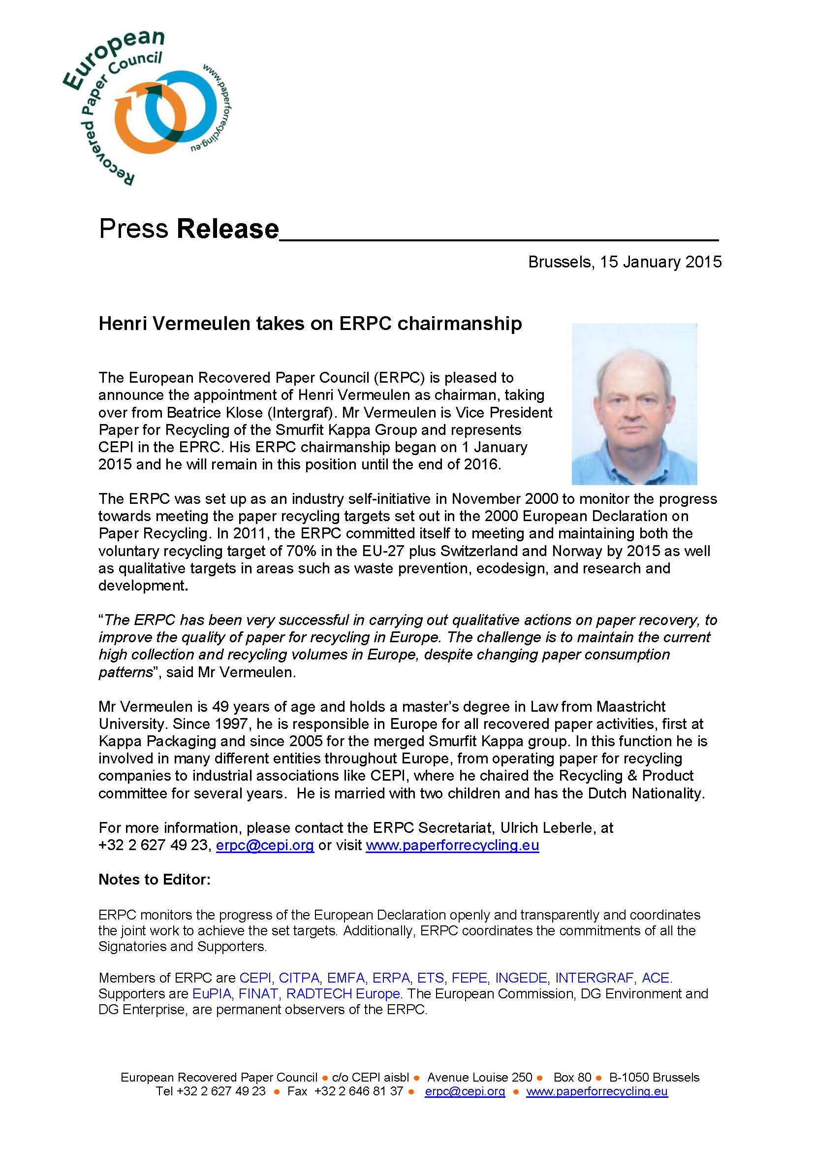 Henri Vermeulen takes on ERPC chairmanship | Citpa